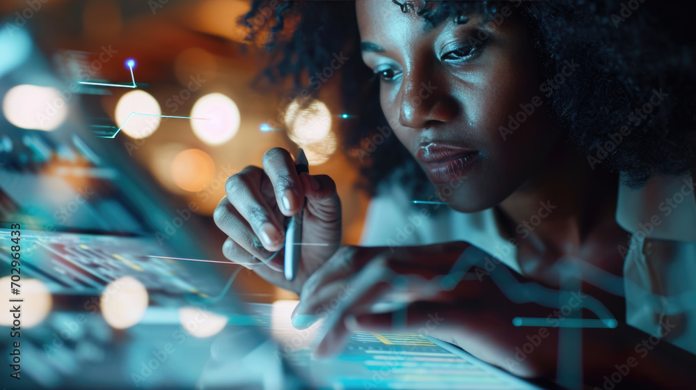 Person interacting with a futuristic touchscreen interface, analyzing data and graphs with a ...