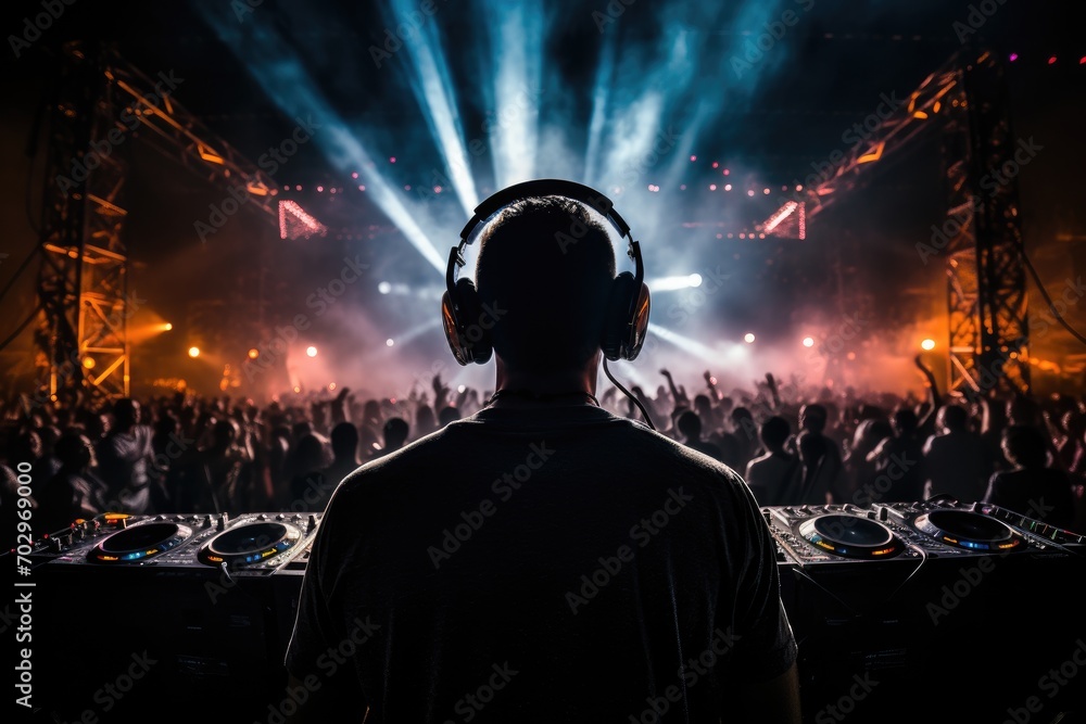 back view of disc jockey wearing headphones and mixing music in ...