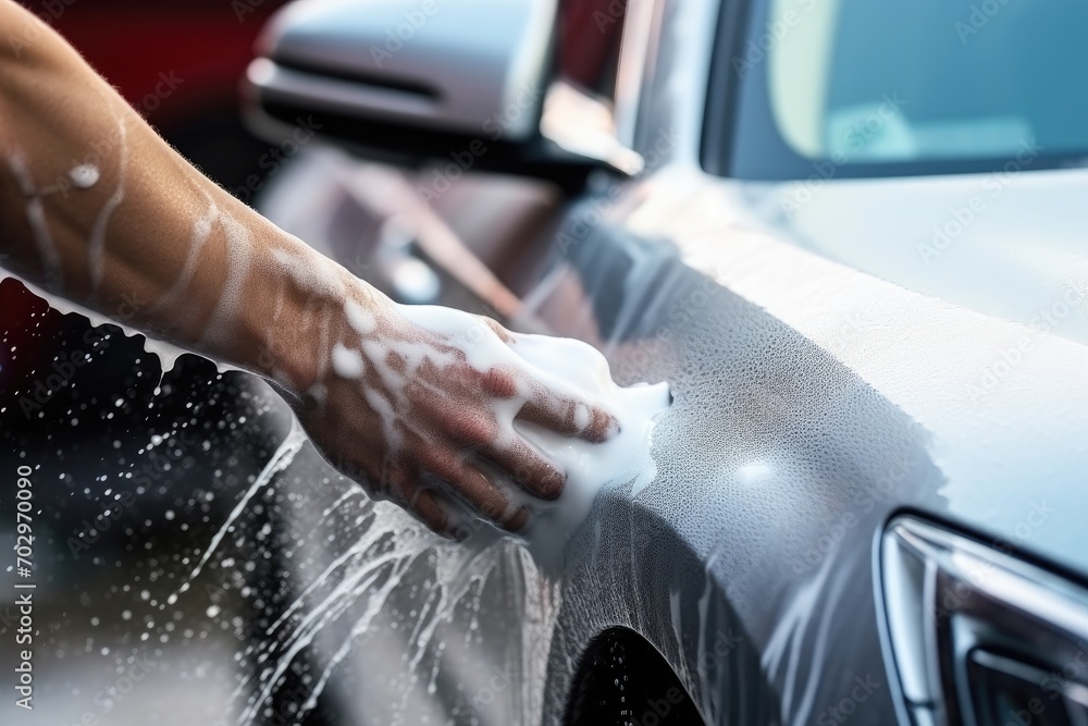 Close-up of a male hand washing a car in a car wash, Manual car wash ...