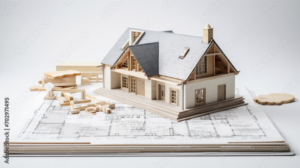 Detailed architectural model of a house with exposed wooden beams on ...