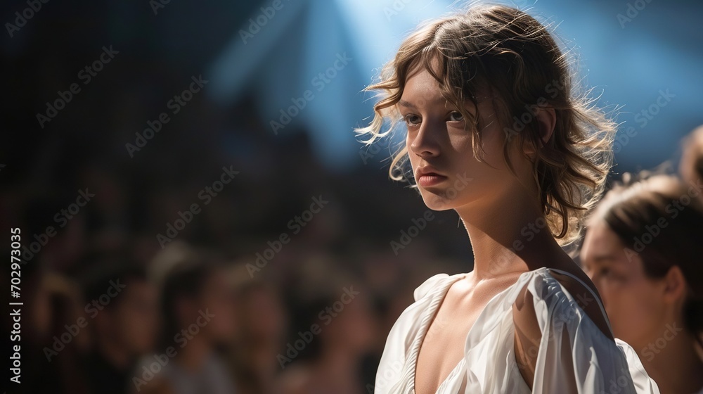 Beautiful model walking down the runway in a white dress against dark ...