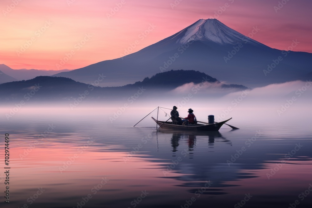 Mt Fuji and Lake Kawaguchiko at sunrise, Japan, Mt, Fuji or Fujisan with the silhouette of three ...
