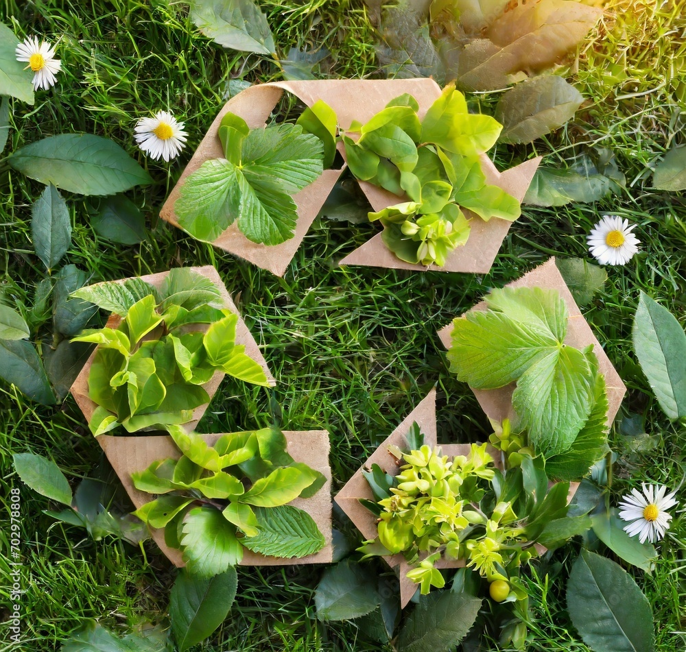 Recycle symbol made of green plants and leaves on grass background. Eco ...