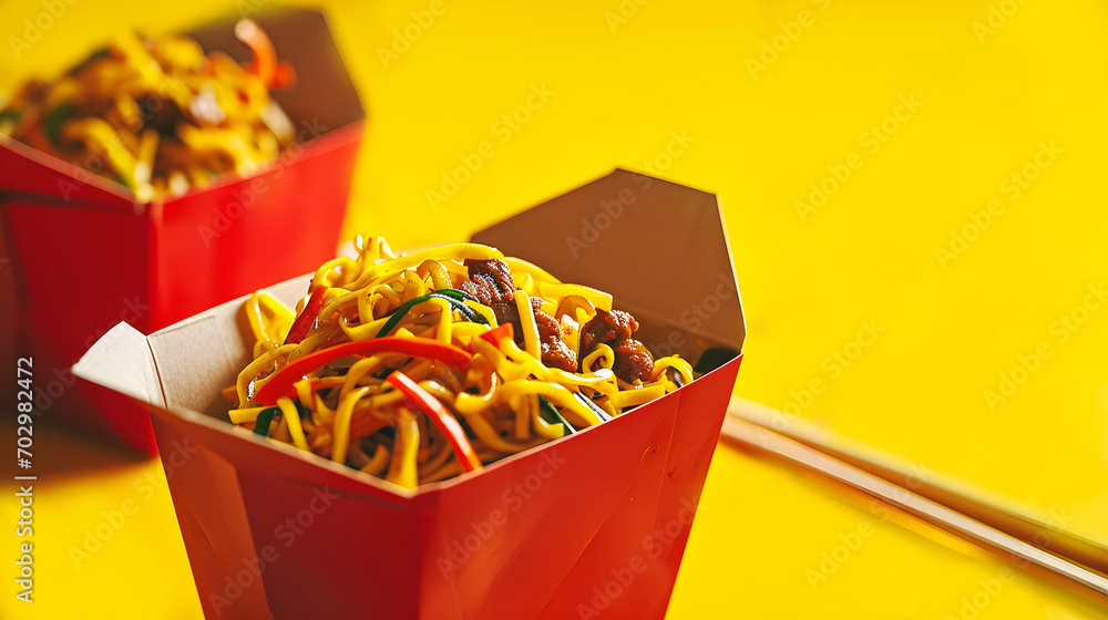Classic Chinese takeout beef Lo Mein Noodles in red boxes on a yellow ...