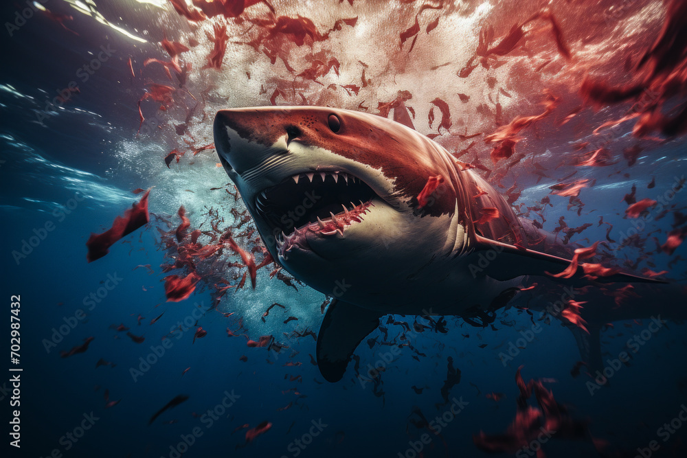 Shark swimming in blood-red water after deadly human attack Stock Photo ...
