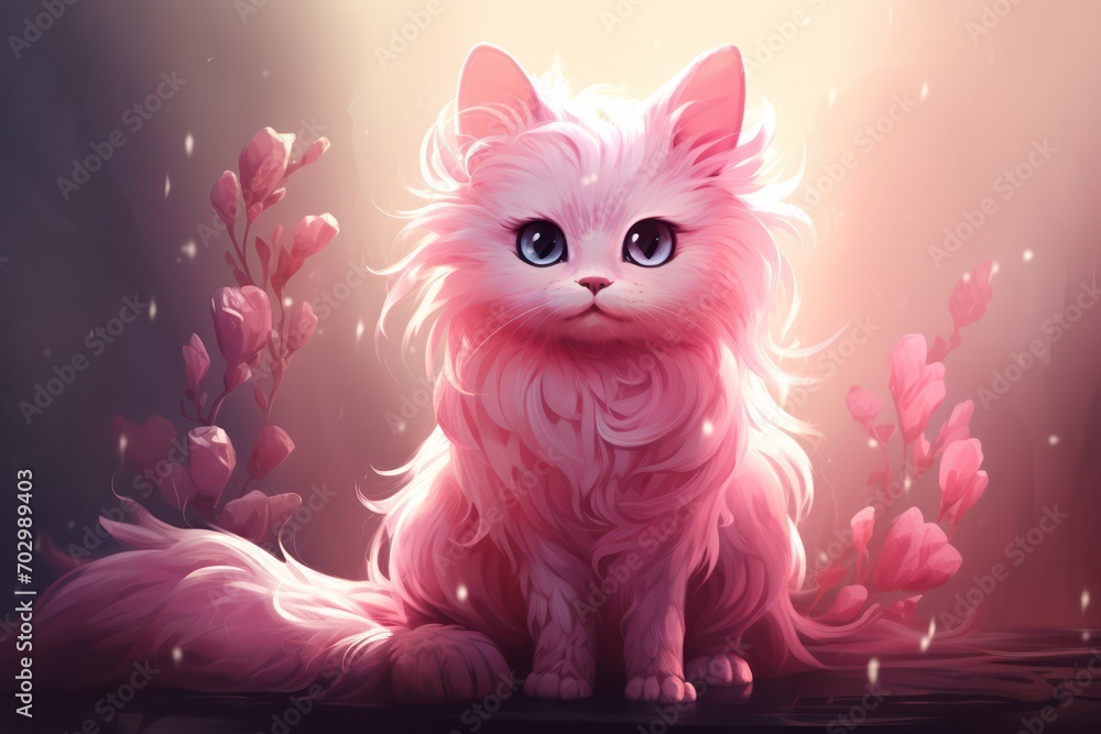 fantasy pink kitten in cartoon style. Cute cat illustration with pastel ...