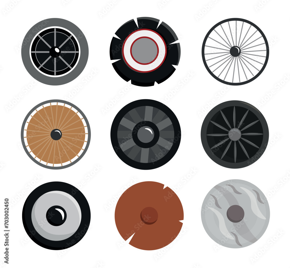 Set of round wheels in cartoon style. Vector illustration of different ...