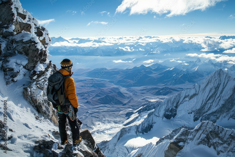 A mountaineer pausing to admire the view, the expanse of the world ...