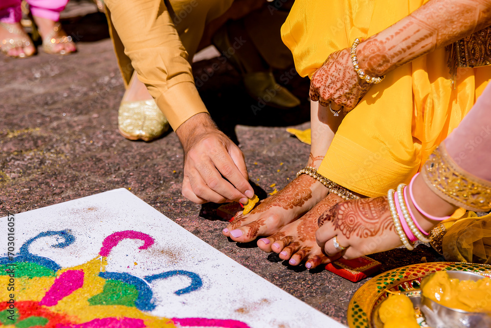 Indian Punjabi pre wedding Maiyan ceremony rituals feet close up Stock ...