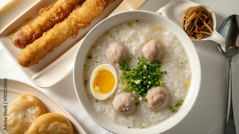 Top view fresh congee rice porridge with boil egg and pork ball and ...