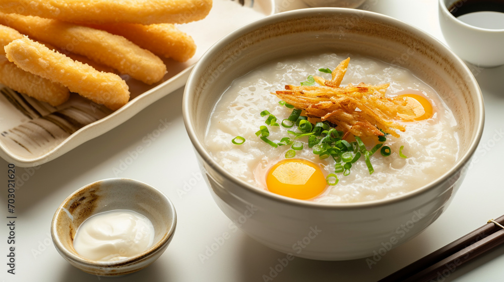 Front view fragrant congee rice porridge with boil egg and pork ball ...