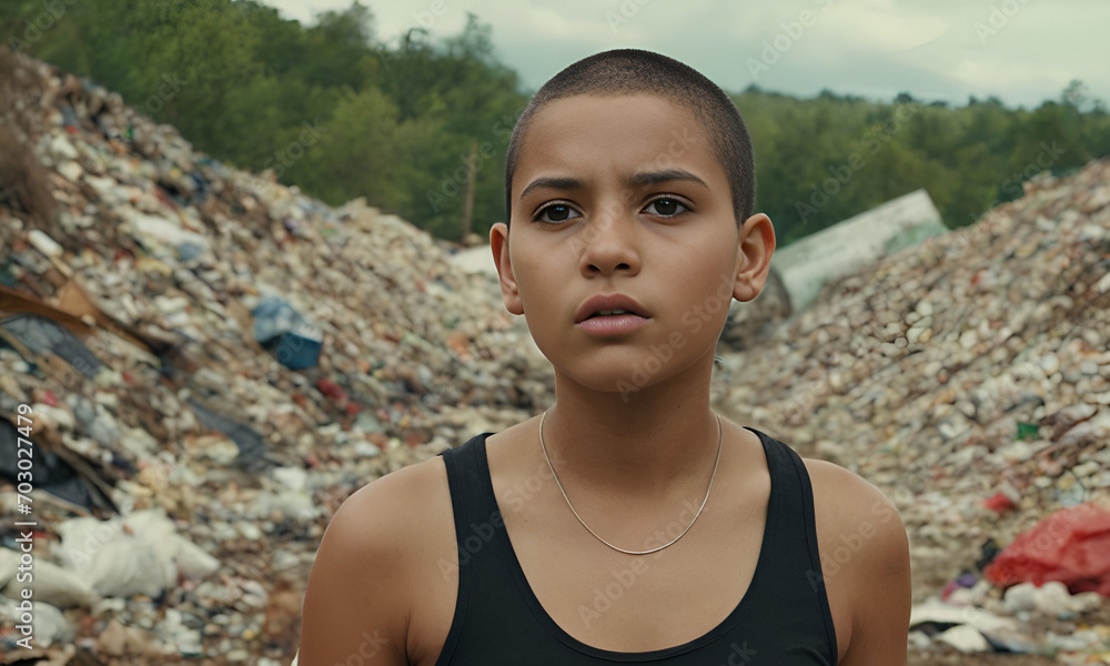 Latinin american poor 13 years girl, indigenous, shaved hair, runnning ...