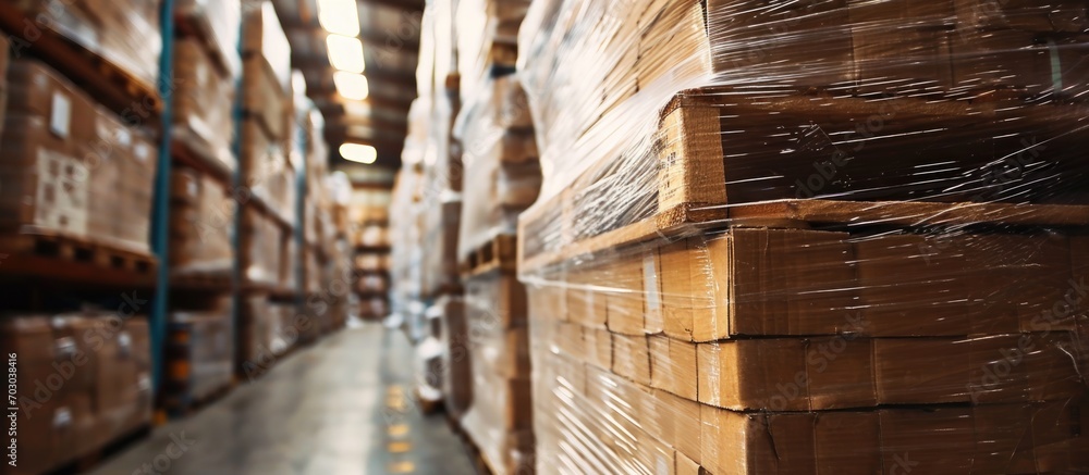 Stacked cardboard boxes wrapped in plastic are stored in a warehouse on ...