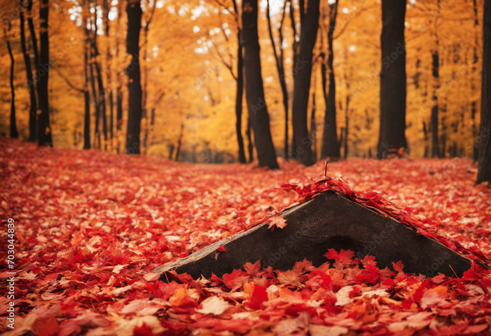 Crucifixion of Jesus Christ on a pile of fallen leaves in a beautiful ...