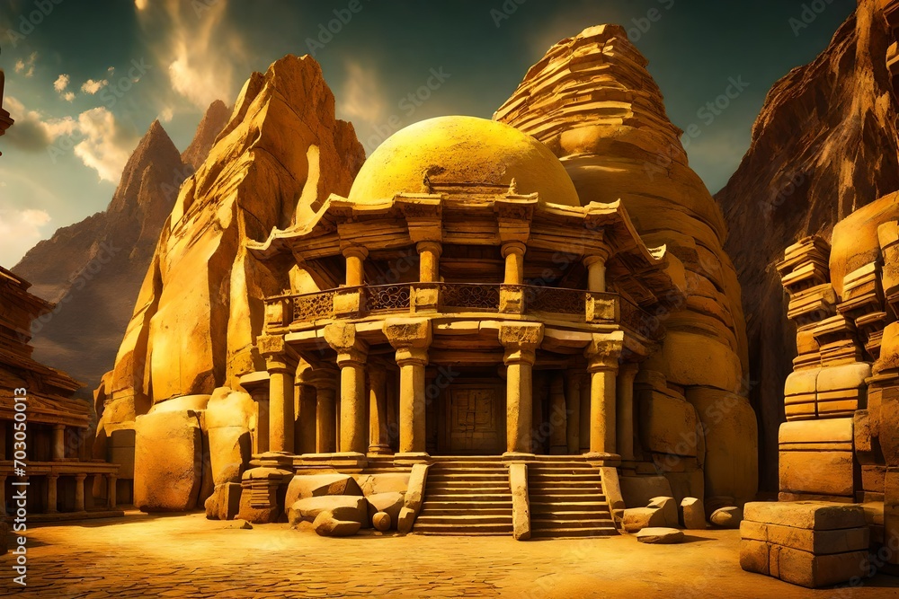 4k high resolution image of a old aged temple colored in yellow rustic ...