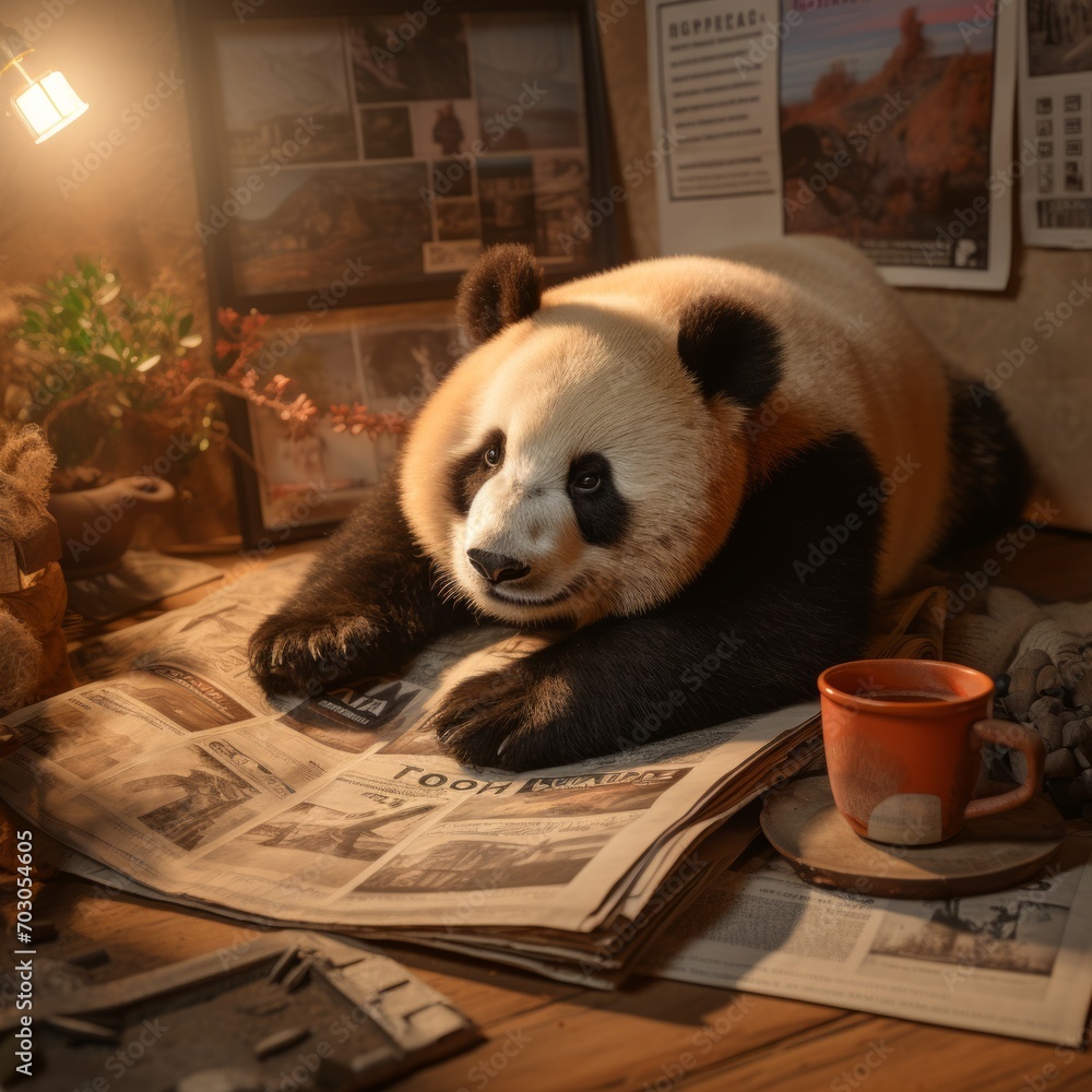 Generative AI image of sleeping panda in Pixar style and a newspaper ...