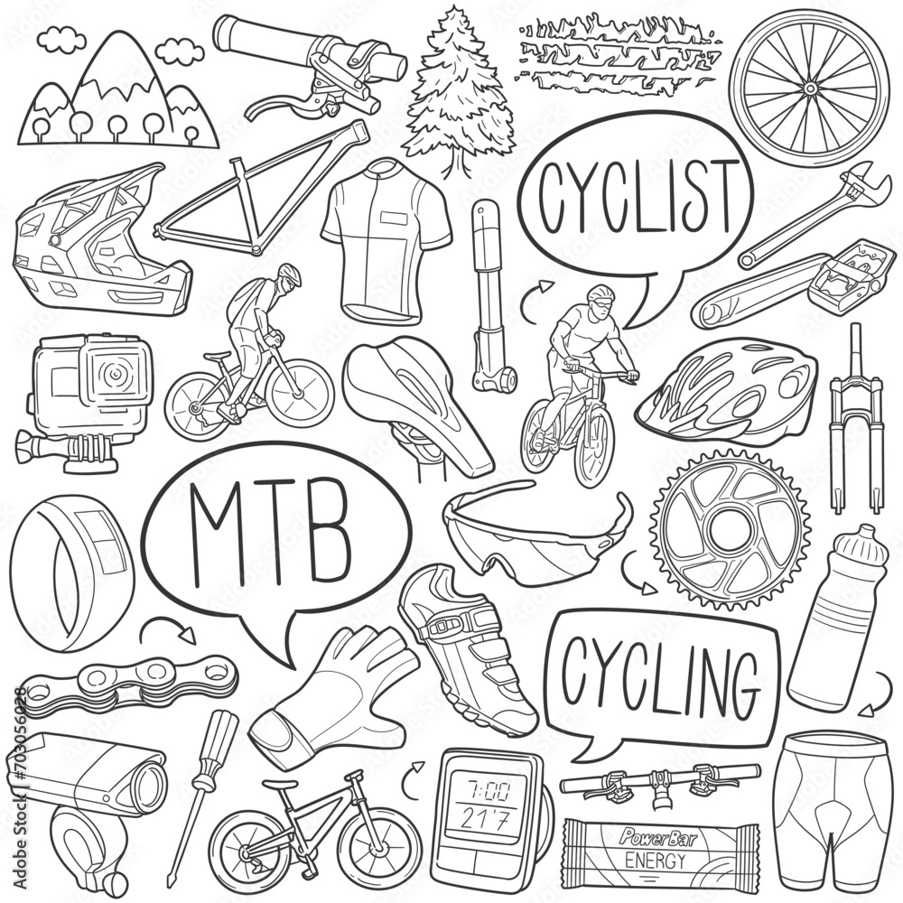 Mountain Bike Doodle Icons Black and White Line Art. MTB Clipart Hand ...