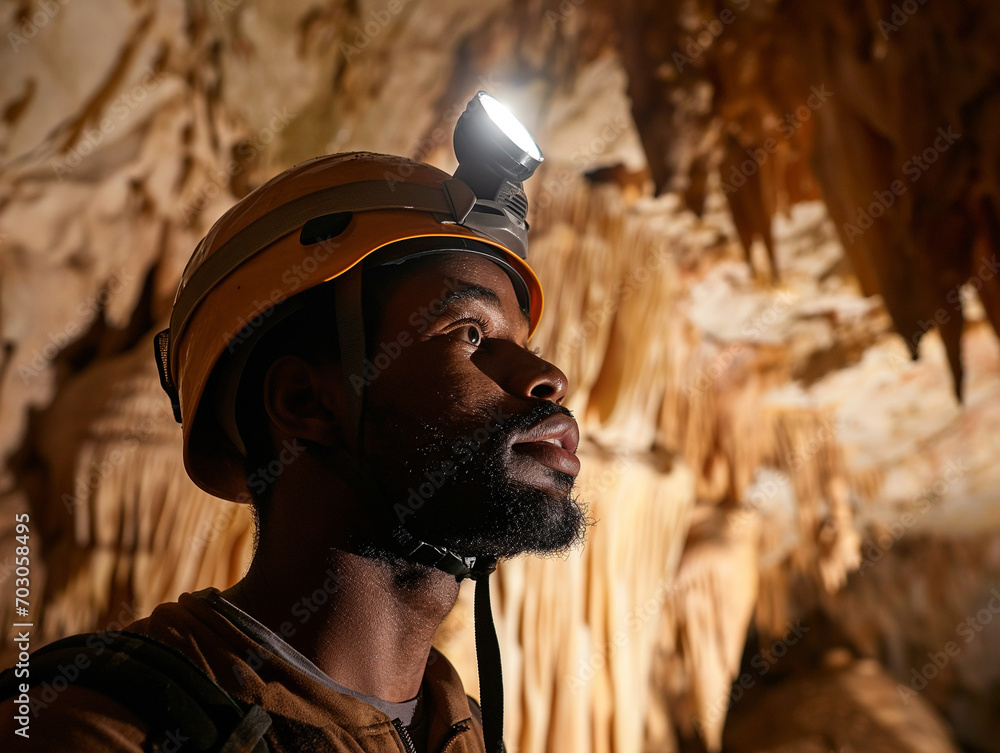Caving Man with Orange Helmet and Black Beard in Cavern with Cave ...