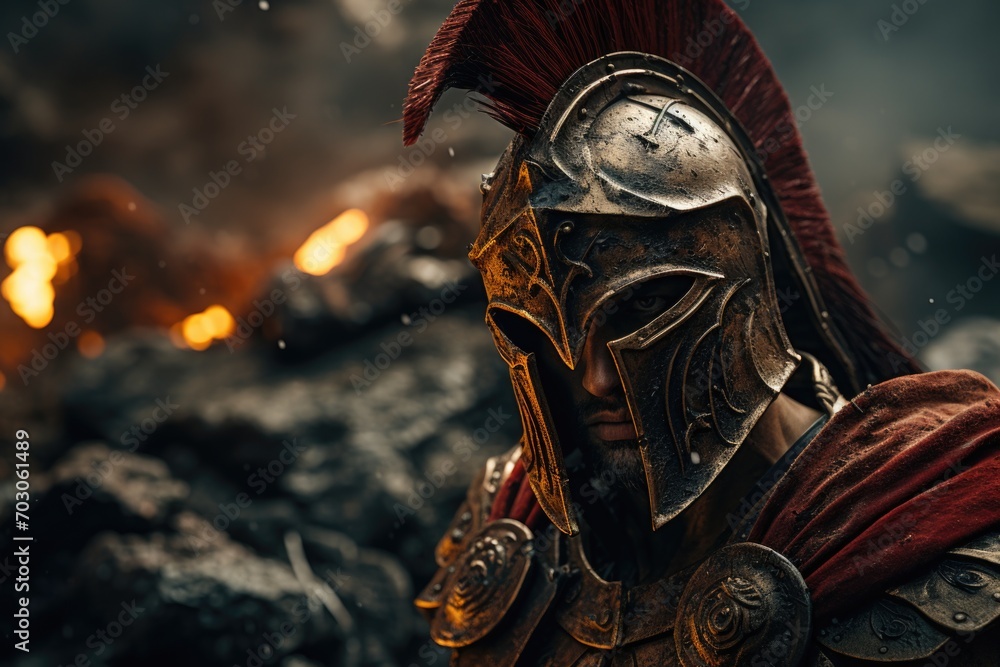 Spartan, a solitary warrior in minimalist armor, radiating discipline ...