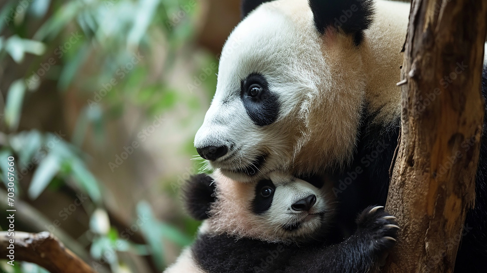 Baby Panda Clinging to Mother - Adorable Panda Family Bond, Cute Animal ...