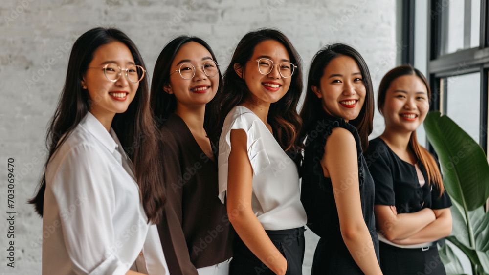 Unified Team of Asian Women in Business Casual Attire at Work in Modern ...