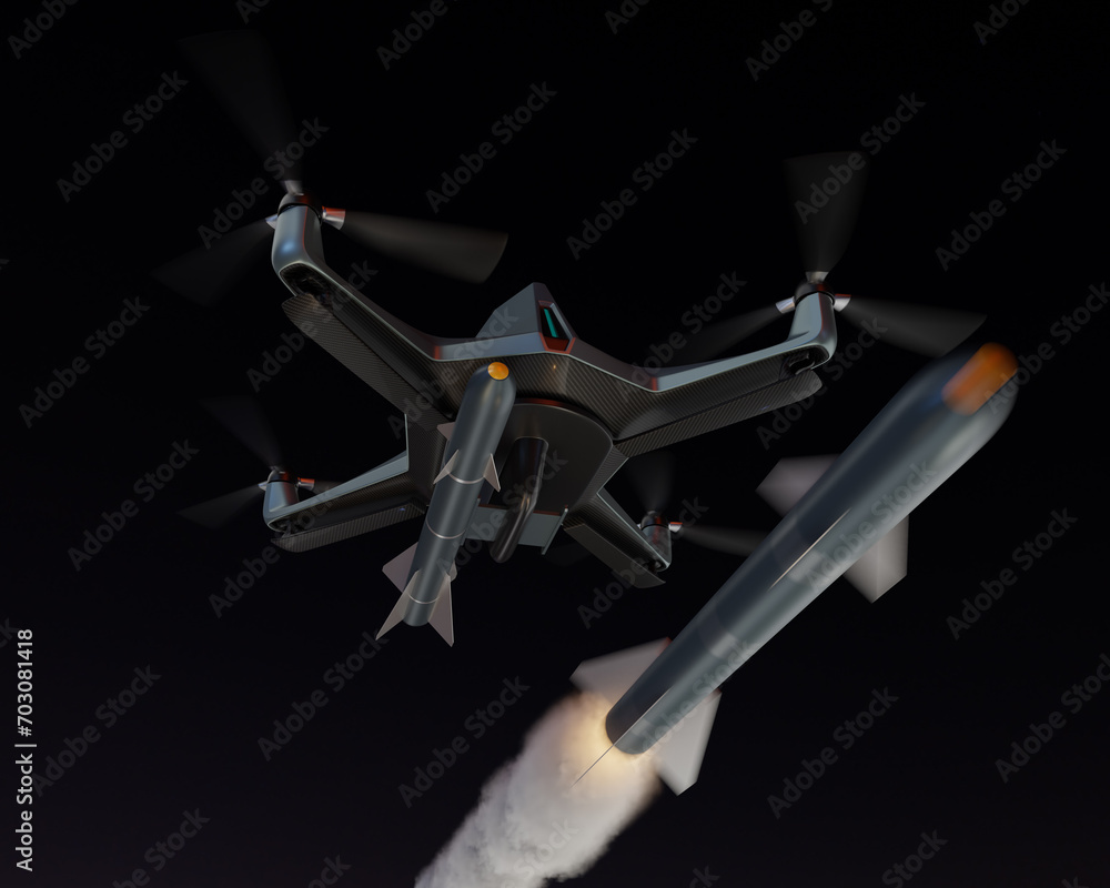 Military Combat Drone UAV launching missile in the night sky. Generic ...