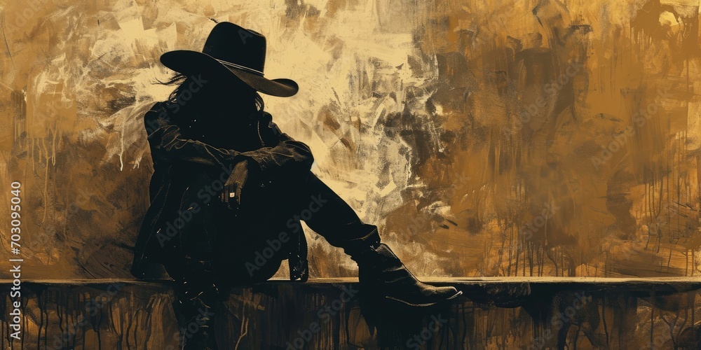 Cowboy wearing Black is Sat on a Grunge Wall in the Style of Pop Art ...