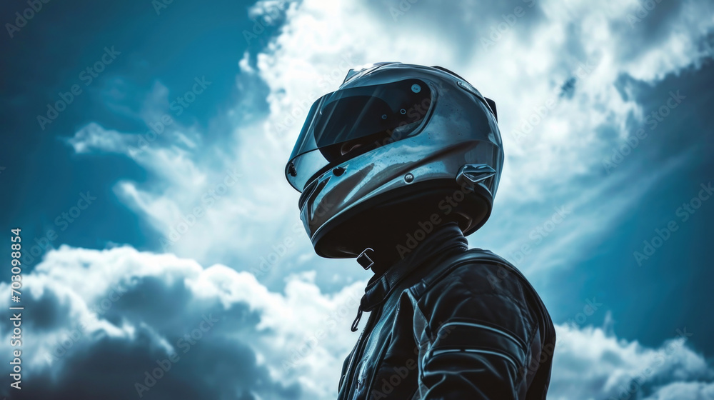 Helmeted Hero A dramatic portrait of the racer wearing their fullface ...