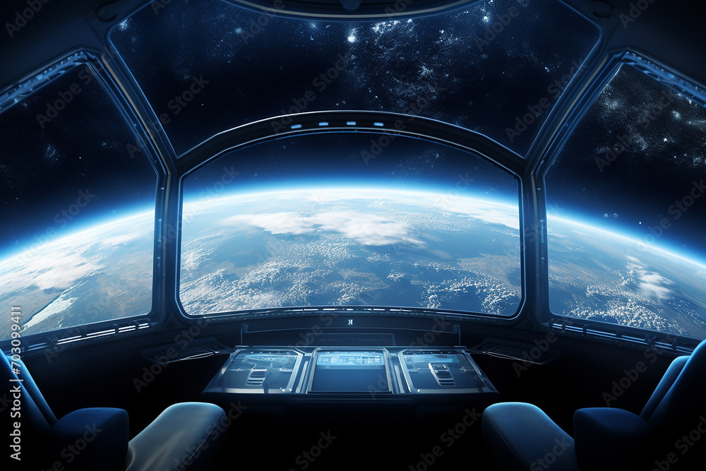 Earth view from space ship, View from inside space station looking at ...