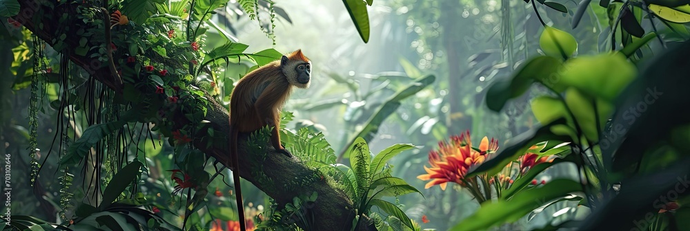 A Cheeky Monkey standing in the rainforest canopy Background ...