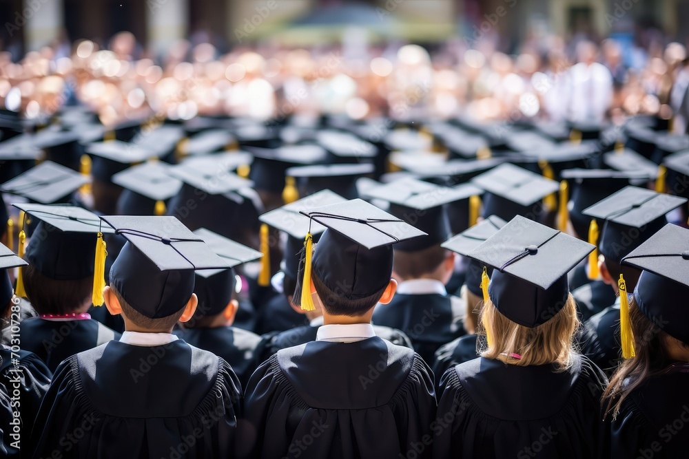 back view of a group of students in graduation gowns and caps, Group of ...