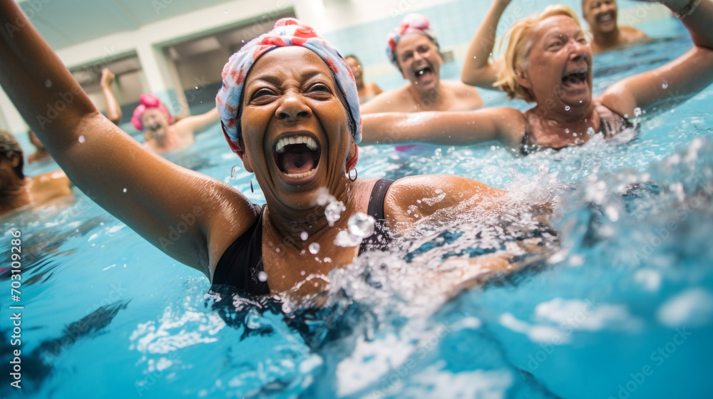 Energetic senior women participating in an aqua fit class, the pool ...
