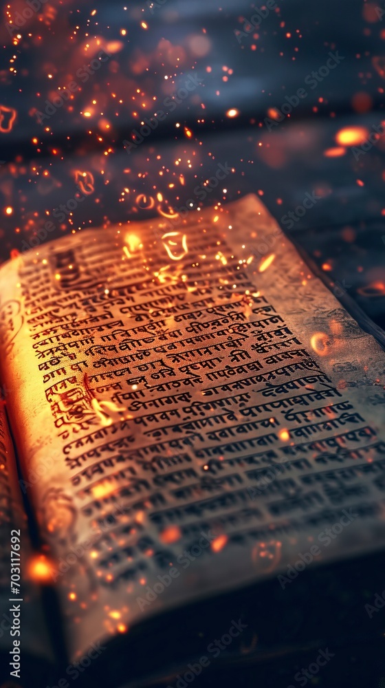 Illustration of an open Vedic text with Sanskrit symbols glowing Stock ...