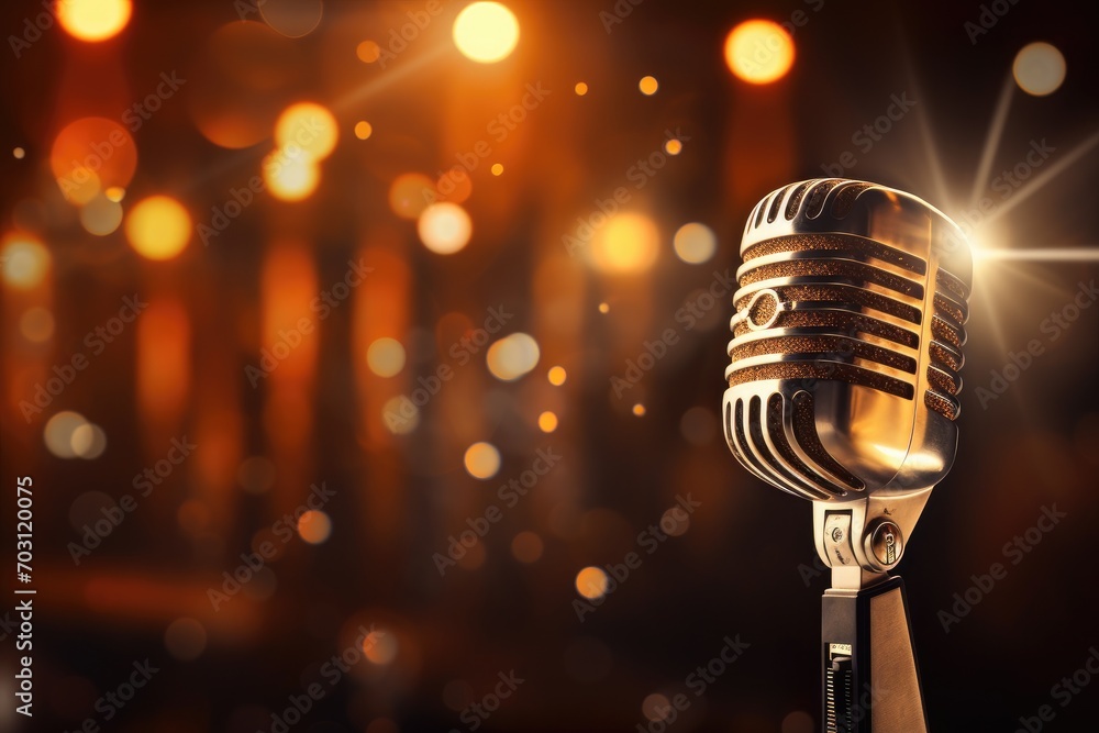 Retro microphone on stage with bokeh background. Music concept ...