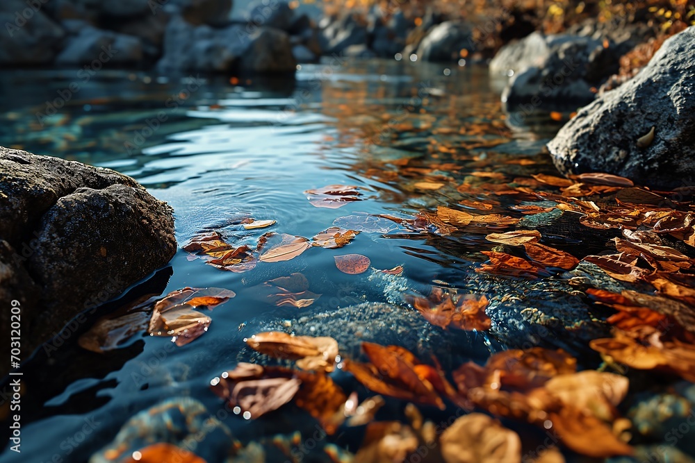 leaves floating stream deep rocks trees background shallow focus ...
