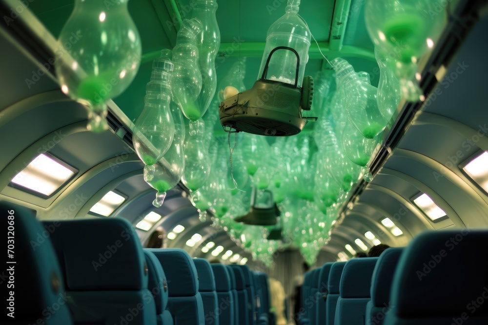 Airplane interior with empty seats and hanging plastic bottles ...