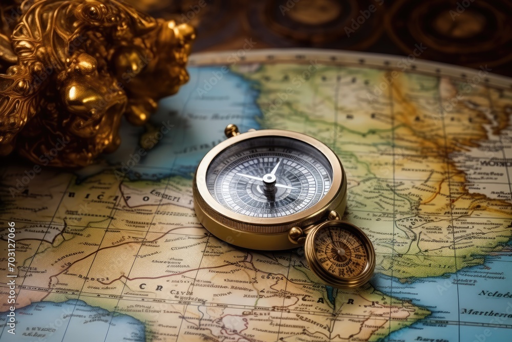 Compass and gold lion on vintage map. Travel and adventure concept ...