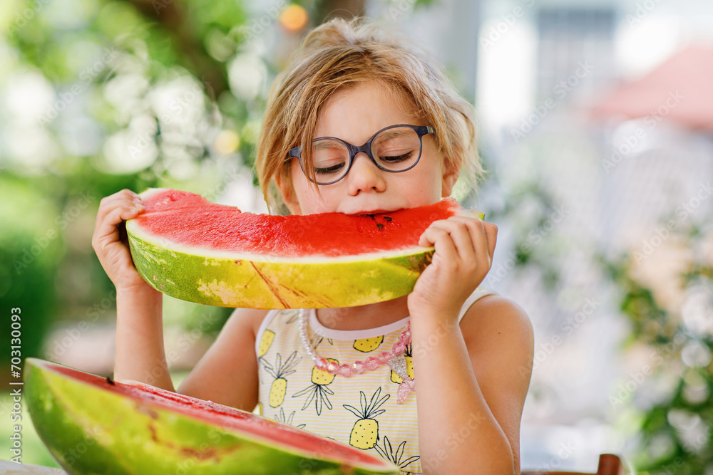 Little Girl, Preschooler, Delights in a Juicy Watermelon on a Sunny ...