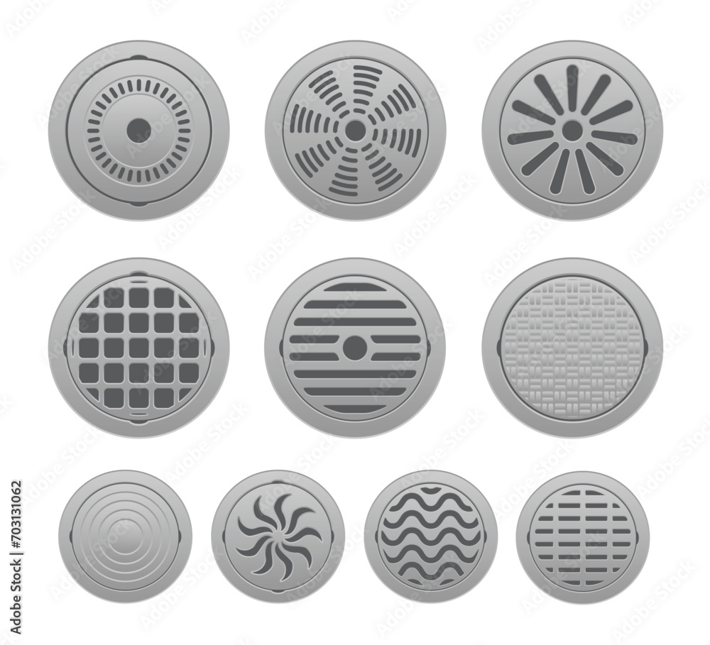 Set of Realistic manhole cover icon, Heavy steel sewer hatch drain hole ...