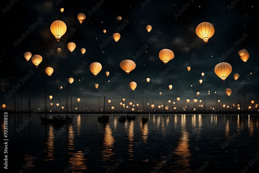 small flying lamp going towards sky with little fire burning in the ...