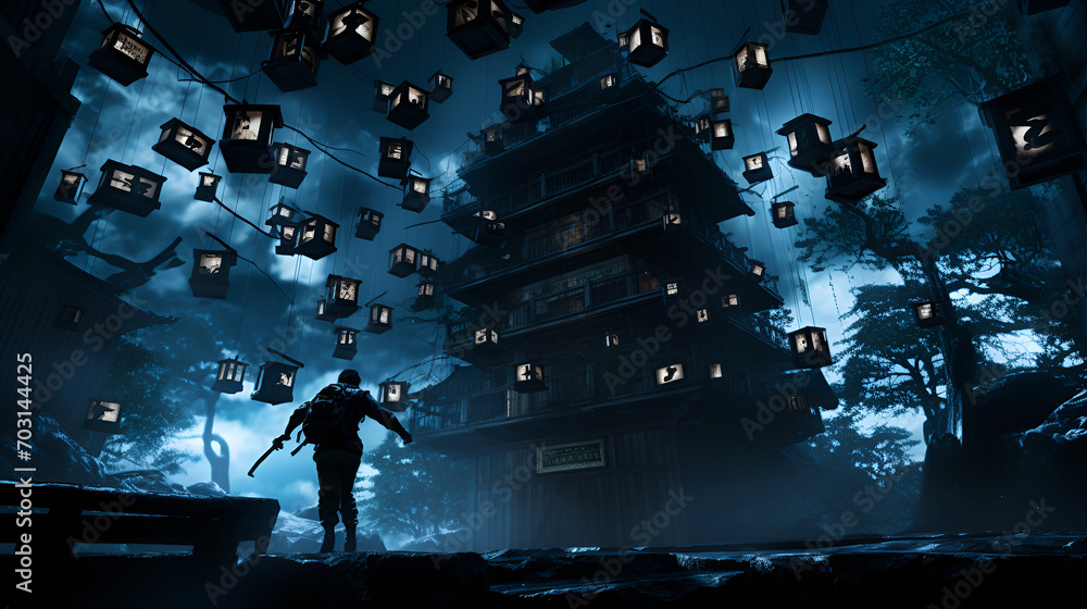 halloween night scene, Traditional Japanese house, showcasing its ...