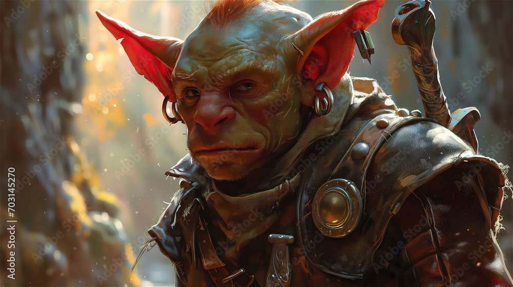 Cinematic photo of a goblin fantasy character in leather body armor ...