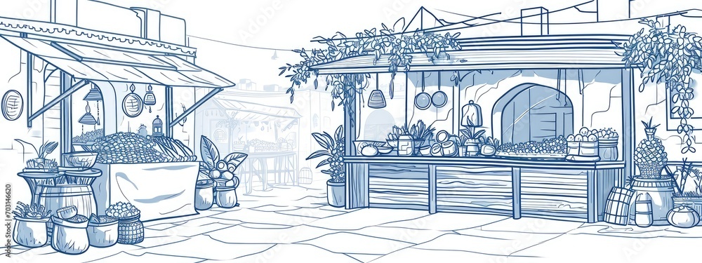 Indian outdoor street market, bazaar or souk, sketch illustration Stock ...