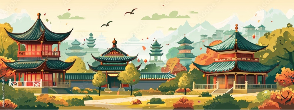 Chinese landscape with cartoon-style traditional temples, pavilions ...