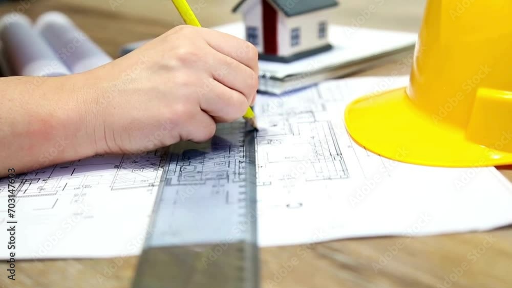 Close-up of an architect drawing and measuring construction plan in the ...