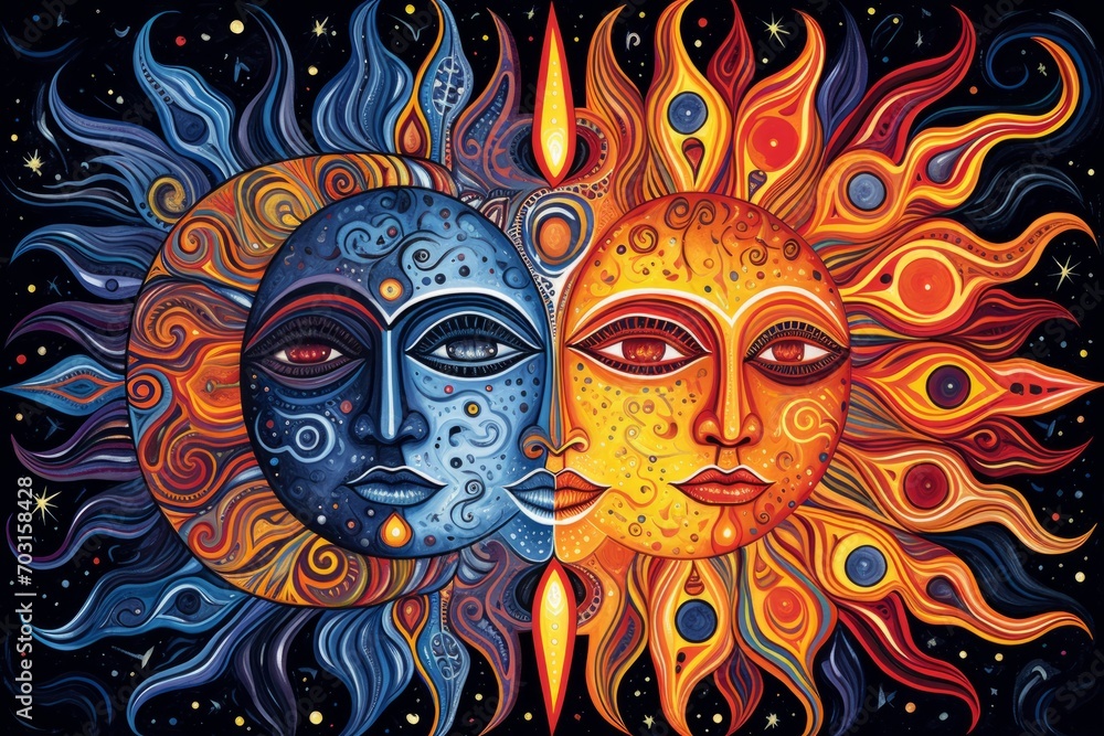 Big circle, half side as sun face and the other half as moon face, sun ...