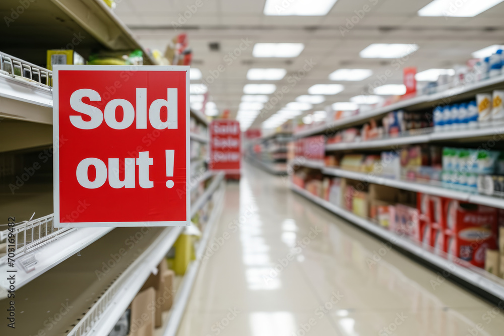 Sold out concept image with empty grocery store alley and shelves with red sign with written ...