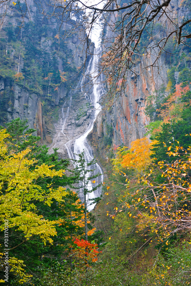 Ginga and Ryusei Waterfalls in Sounkyo Gorge with beautiful fall colors ...