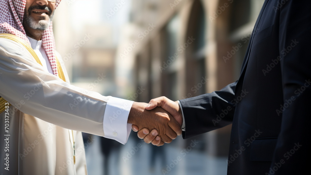 Saudi Arabian businessmen shaking hands and saying goodbye in front of ...