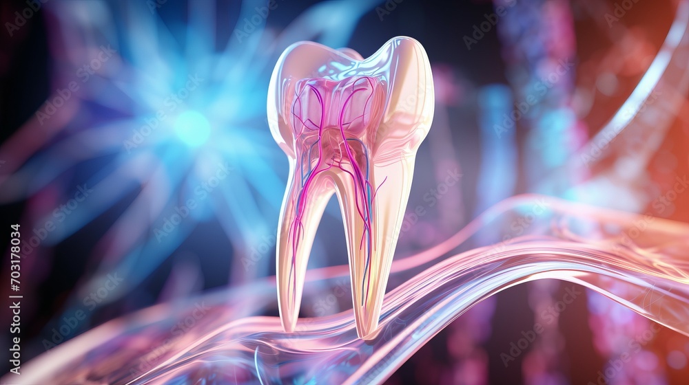 Translucent tooth with visible pulp, vessels and nerves against vibrant ...